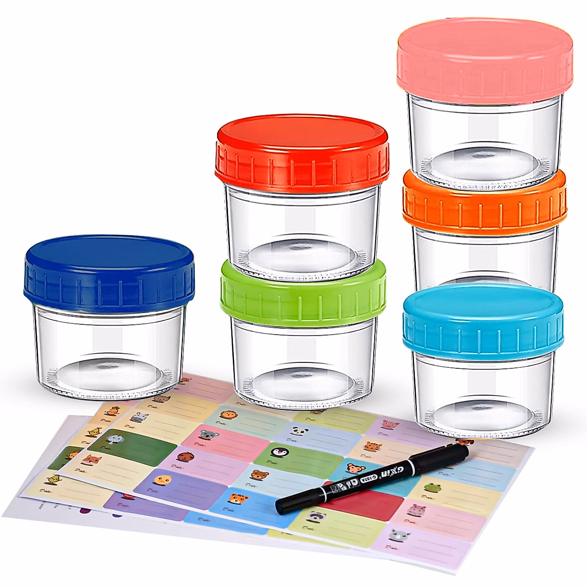 6 Pack Baby Food Storage Containers with Labels-4 Oz Baby Food Jars, Leak Proof, Puree Glass containers with lids Microwave & Dishwasher Safe Infants Kids & Growing Babies