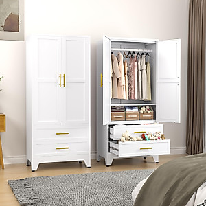 erosoei Metal Armoire Wardrobe Closet, 71 "Metal Clothing Storage Cabinet with Adjustable Shelves and Hanging Rod, Household Steel Wardrobe Storage Cabinet with Drawers (armoire-White)
