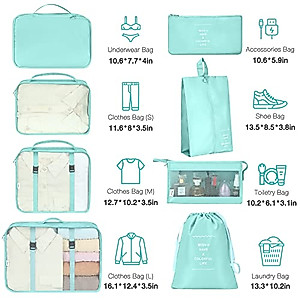 8 Set Packing Cubes for Suitcases,Packing Cubes with Shoe Bag, Cosmetics Bag, Clothing Bag, Accessories Bags Packing Cubes for Travel Luggage Organizer Women Men(Blue-Green)