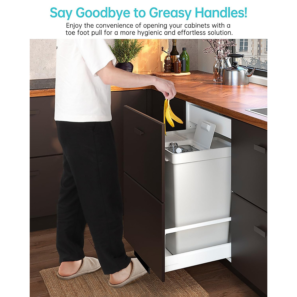 Cabinet Foot Pull for Trash Drawer - Foot Pull for Trash Cabinet Drawer - Hands-Free Design for Full Overlay Cabinet Doors - Durable Carbon Steel with EVA Padding