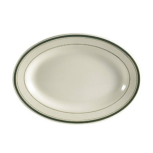 CAC China GS-14 12-1/2-Inch by 8-5/8-Inch Greenbrier Green Band Stoneware Oval Platter, American White, Box of 12