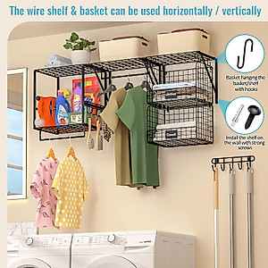 ThreeHio 3 Pack Laundry Room Shelves Wall Mounted with Wire Storage Baskets, Over Washer and Dryer Shelves with Hanging Rods and Hooks, Wire Wall Shelves Baskets for Laundry Organization and Storage