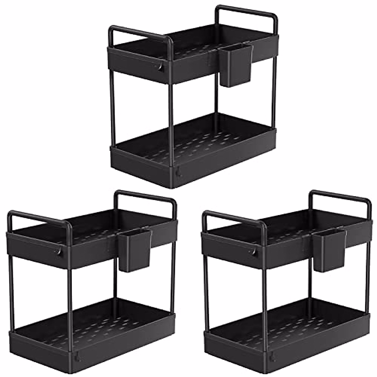 SOLEJAZZ Under Sink Organizer and Storage, 2 Tier Under Cabinet Basket Organizer, Multi-purpose Under Sink Storage Shelf for Bathroom Kitchen, Cabinet Storage with Hooks and Hanging Cups, Black,3 Pack