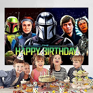 Mandalorian Background Birthday Decorations, Mandalorian Happy Birthday Banner Backdrop for Mandalorian Birthday Party Supplies (5x3ft)