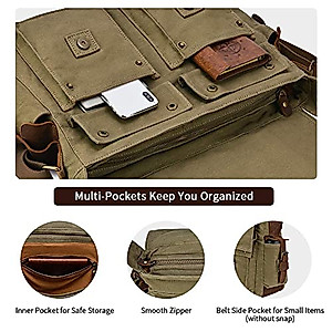 Kattee Military Messenger Bag Canvas Leather Shoulder Bag Fits 15.6 Inch Laptop (Army Green)