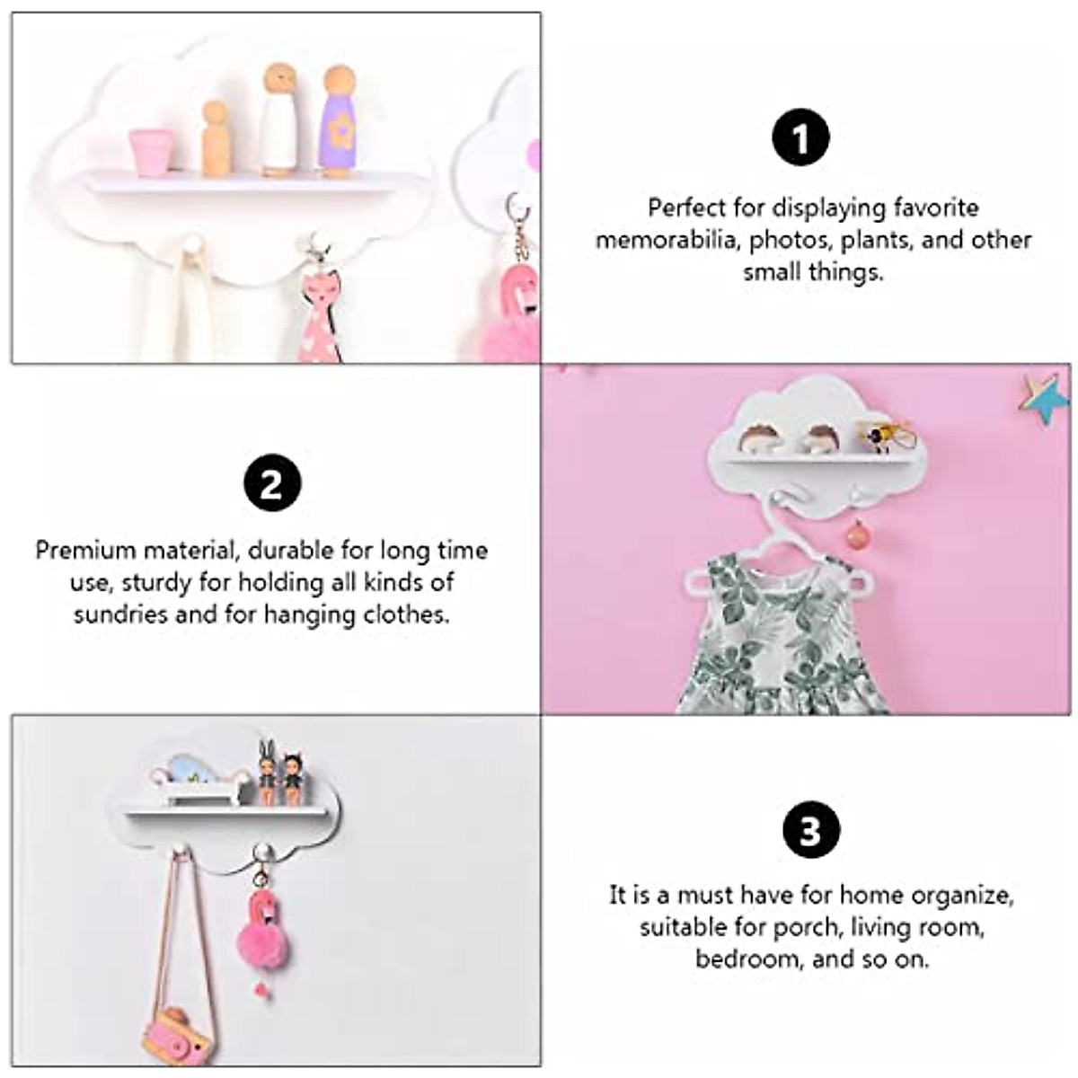 YaptheS Wood Floating Shelf, Cloud Shelves White Cloud Shape Wood Floating Shelf Coat Hanger Storage Rack Nursery Accessories, Nursery Accessories