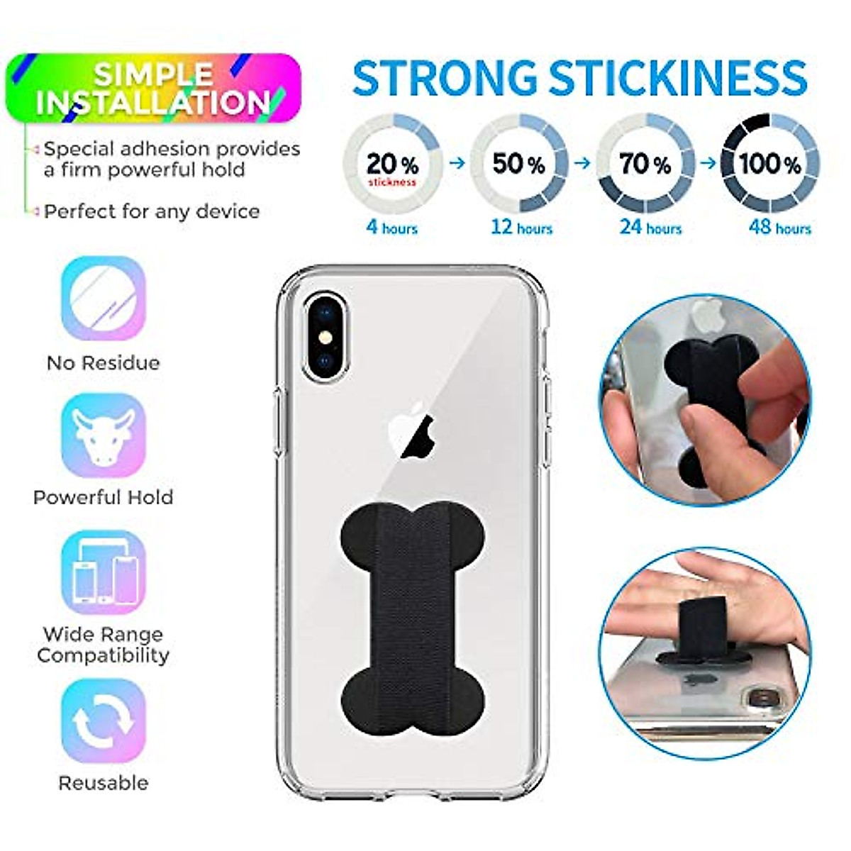REINVENT EGO-Finger Strap Phone Holder - Cell Phone Grip Holds Device with just a Finger - Ultra Thin Anti-Slip Universal Cell Phone Grips Band Holder for Back of Phone - 2Pack(Black)
