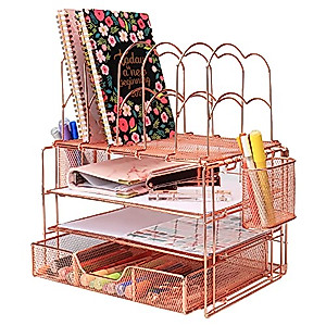 Desk Organizers and Accessories, 4 Tier Desk Organizers with 5 Upright Sections, 2 Pen Holders and Drawer, Desk accessories & workspace organizers, for School Home Office Supplies Organizer, Rose Gold