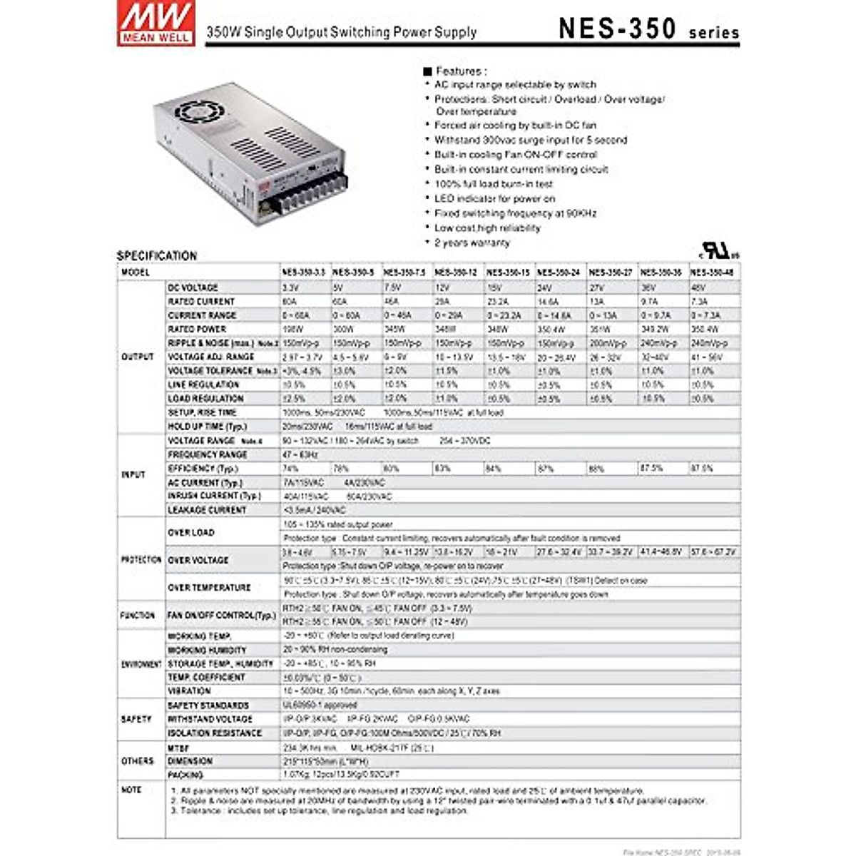 Mean Well NES-350-12 12V 350 Watt Ul Switching Power Supply 110-240 Volt
