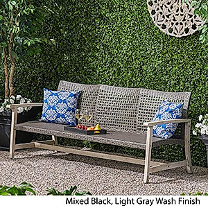 Great Deal Furniture Marcia Outdoor Wood and Wicker Sofa, Light Gray Finish with Mix Black Wicker