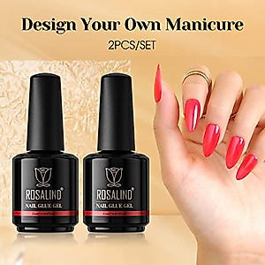 ROSALIND 2PCS Nail Glue Gel for Nail Tips, Super Strong Fake Nails Nail Glue Gel for Easy and Fast Nail Extension Gel Brush on Nail Glue, Adhesive Bond for Press on Nails 15ML Curing Needed
