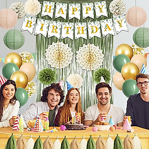 Sage Green Birthday Party Decorations with Happy Birthday Banner Olive Green Gold Balloons Fringe Curtain for Girls Women Baby Shower Birthday Decor