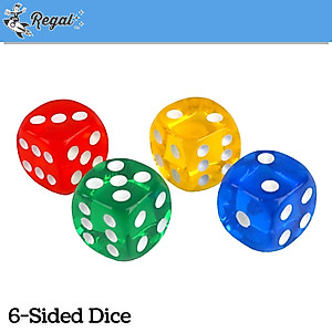 Regal Games 6-Sided Translucent 16mm Dice Set - Playing Colored Set of Dice - Square Dice for Classroom or Family Game Night - 50 Dice