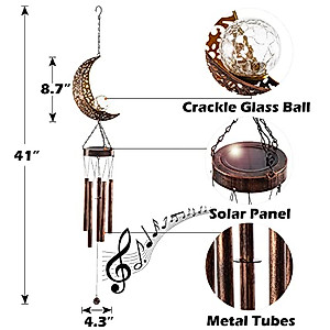 LeiDrail Solar Wind Chimes, Moon Wind Chime Crackle Glass Ball Warm LED Light, Outside Hanging Outdoor Decor with Metal Tubes Unique Memorial Sympathy Gift for Wife Mom Grandma