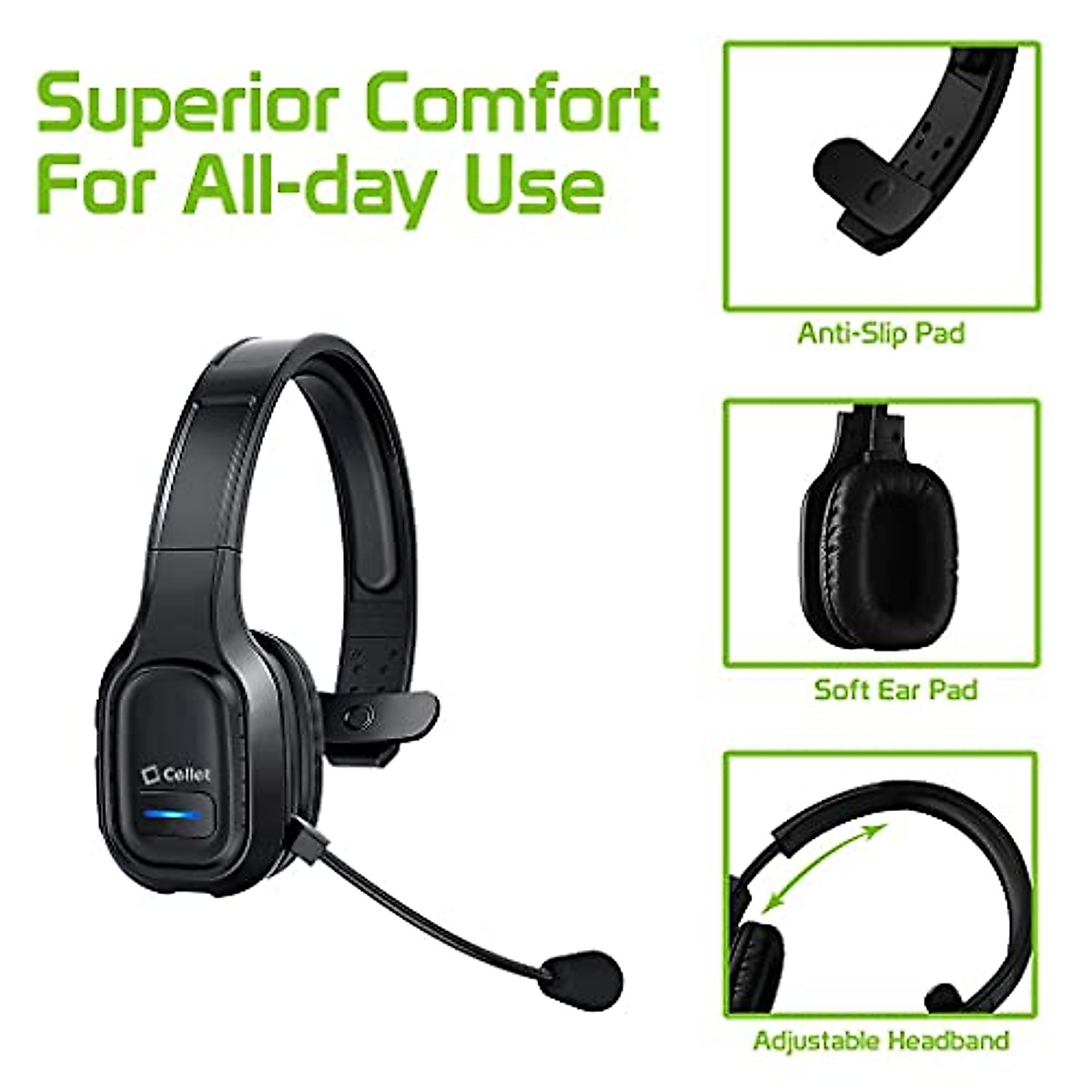 Work PRO Wireless Headset for Samsung Galaxy A11/A51/A71/5G/71s 5G UW with Boom Dual V5.0 Bluetooth Plus 3.5mm 1/8 Backup Cable (Black)