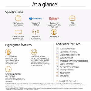 HP Envy x2 12-inch Detachable Laptop, Qualcomm Snapdragon Processor, 4 GB RAM, 128 GB Universal Flash Storage, Windows 10 Home in S Mode (12-e068ms, Natural Silver w/Oxford Blue)