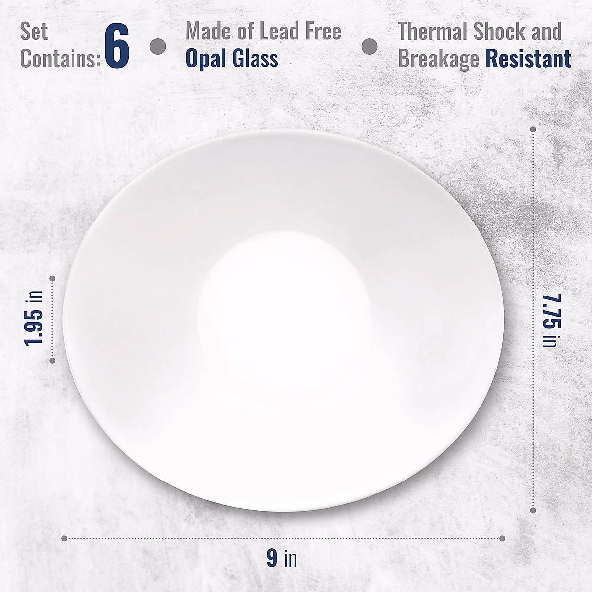 Bormioli Rocco Prometeo Set Of 6 Pasta Bowls, 9" X 7.75" Tempered Opal Glass, Clean White, Curved Design With External Textures Dinnerware.