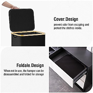 Laundry Hamper with Lid by TECHMILLY, 66L Small Tall Laundry Basket with Bamboo Handles for Clothes and Toys, Collapsible Laundry Basket with Removable Inner Bag for Bedroom and Bathroom, Black