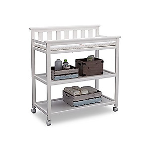 Delta Children Flat Top Changing Table with Wheels and Changing Pad - Greenguard Gold Certified, Bianca White