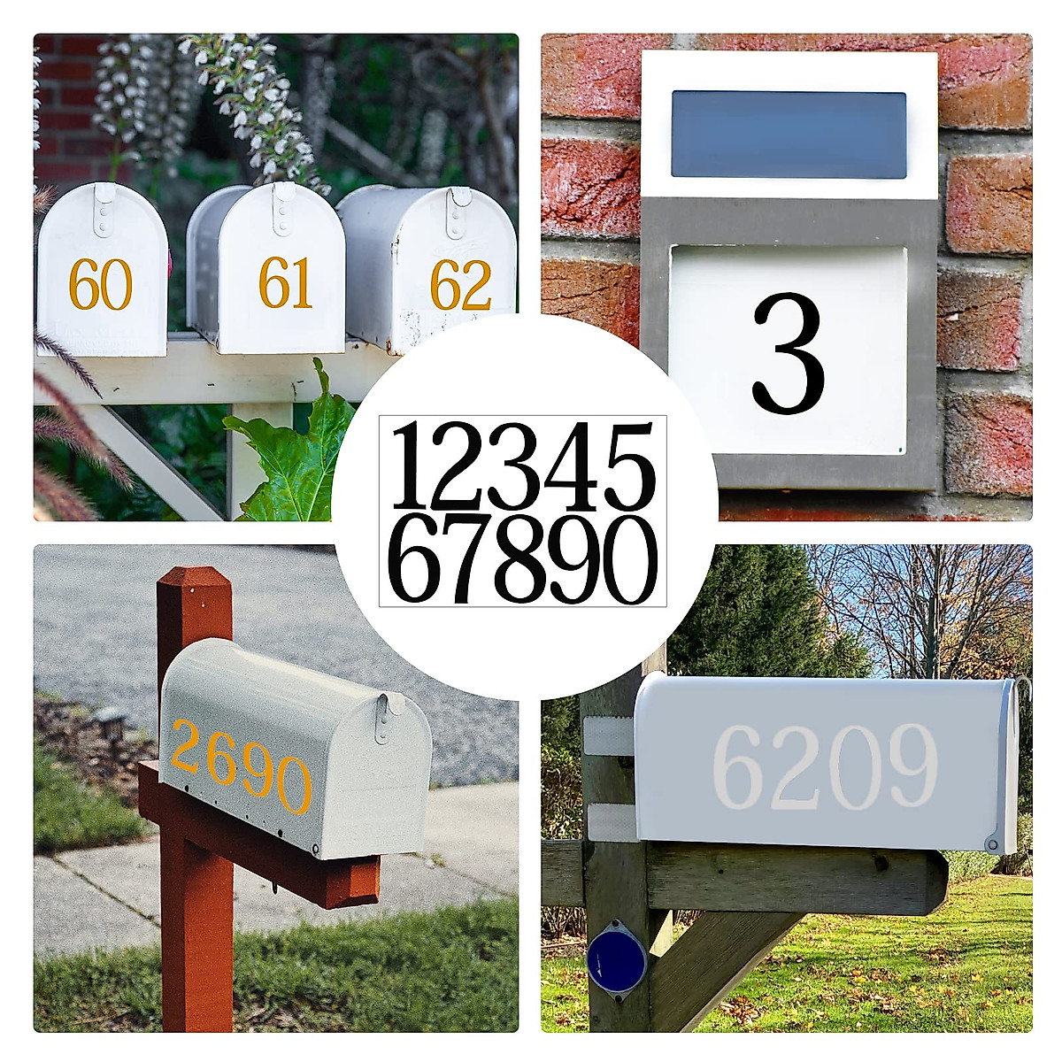 AIEX 2 Inch Vinyl Reflective Mailbox Number Stickers, 4 Sheets Waterproof Self-Adhesive Mailbox Decals with 2pcs Flower Border Decoration for Outside Sign Window Door Car House Address Numbers (Black)