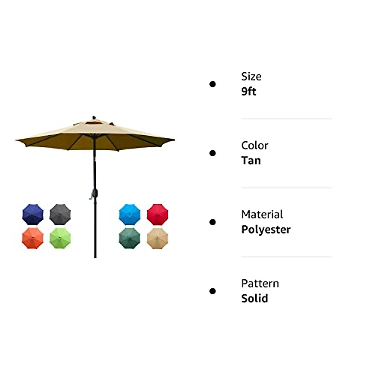 Sunnyglade 9Ft Patio Umbrella Outdoor Table Umbrella with 8 Sturdy Ribs (Tan)