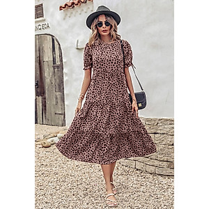 PRETTYGARDEN Women's Summer Casual Boho Dress Floral Print Ruffle Puff Short Sleeve Flowy Midi Beach Party Dresses (Pink,Large)