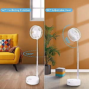 Portable Fan Oscillating Fan, Small Standing Up Floor Fan, Rechargeable Table Fan Quiet with Remote Night Light Air Humidifier, 3 Speeds, Telescopic Stand, for Bedroom Desktop Camping Dorm