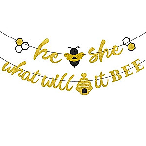 He or She What Will It Bee Banner Gender Reveal Garland with Bee and Beehive Baby Shower Glitter Party Favor Supplies Decorations