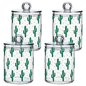 Kigai 2 Pack Apothecary Jars Cute Cactus Qtip Holder Organizer Clear Airtight Container for Cotton Swabs Food Storage 14oz Plastic Jars with Lids