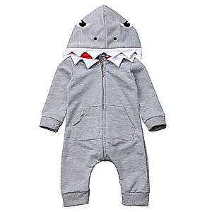 Bowanadacles Newborn Infant Baby boy Girl Cartoon Shark Long Sleeve Hooded Jumpsuit Bodysuit Romper Zipper Outfit