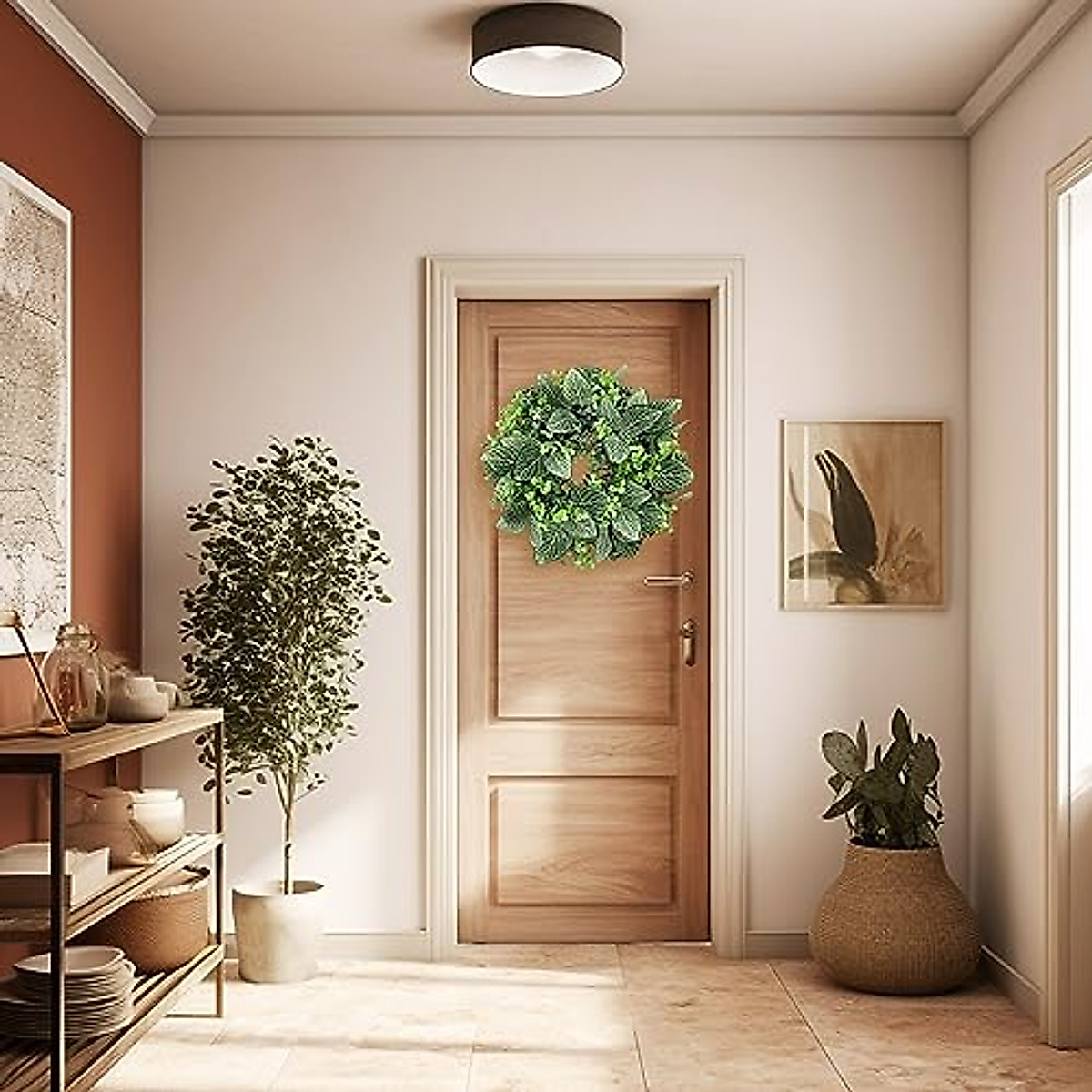 SUNFICON 15'' Small Faux Green Wreath Centerpiece Artificial Eucalyptus Leaf Boxwood Wreath Door Welcome Wedding Wreath Wall Window Farmhouse Home Decoration Indoor Outdoor Spring Summer All Seasons