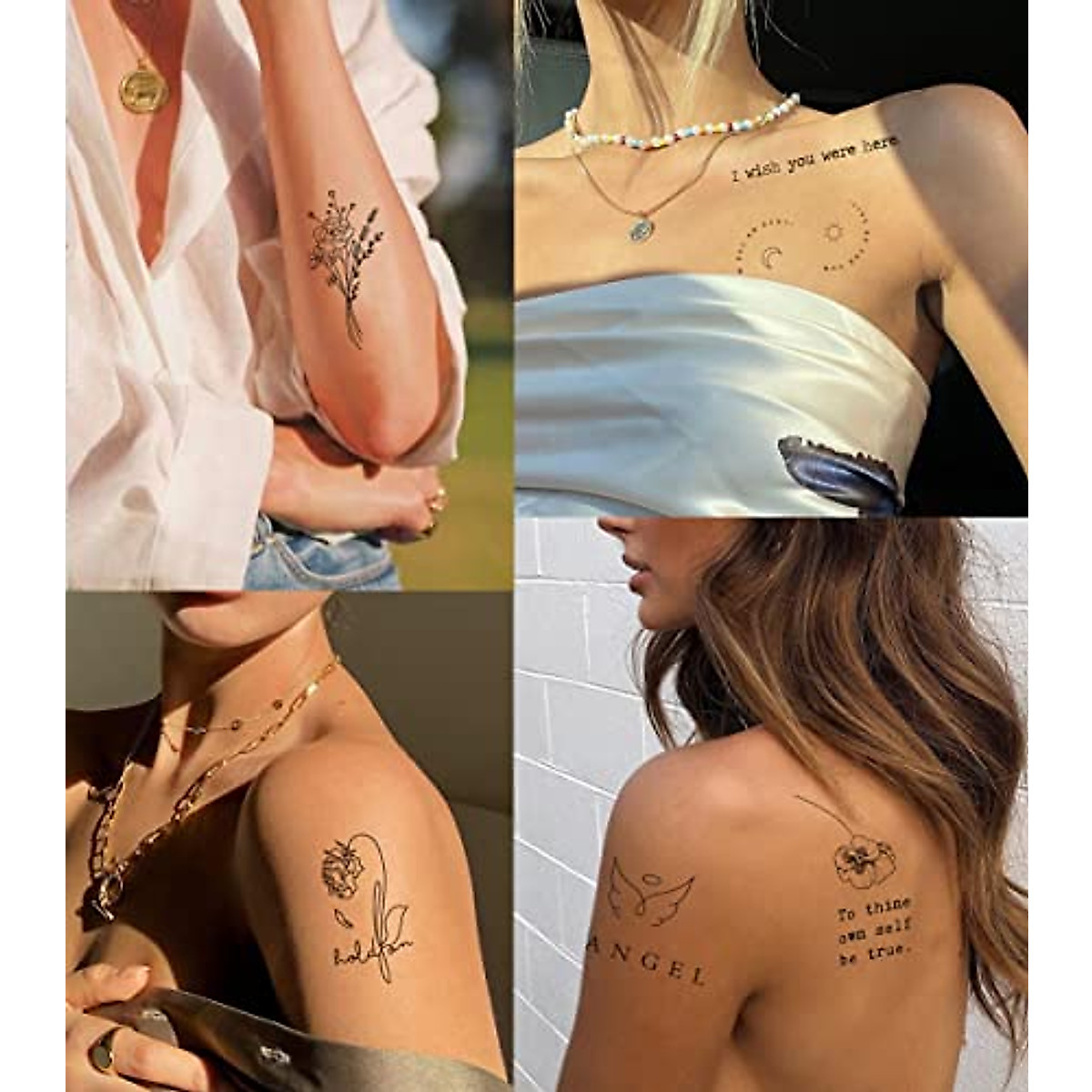 DIVAWOO Realistic Temporary Tattoo - 60 Sheets Tiny Fake Tattoos, 40 Pcs Inspirational Words Tattoo, 20 Pcs Wild Flower Floral Bouquet Stickers for Adult Women Face Body Hand