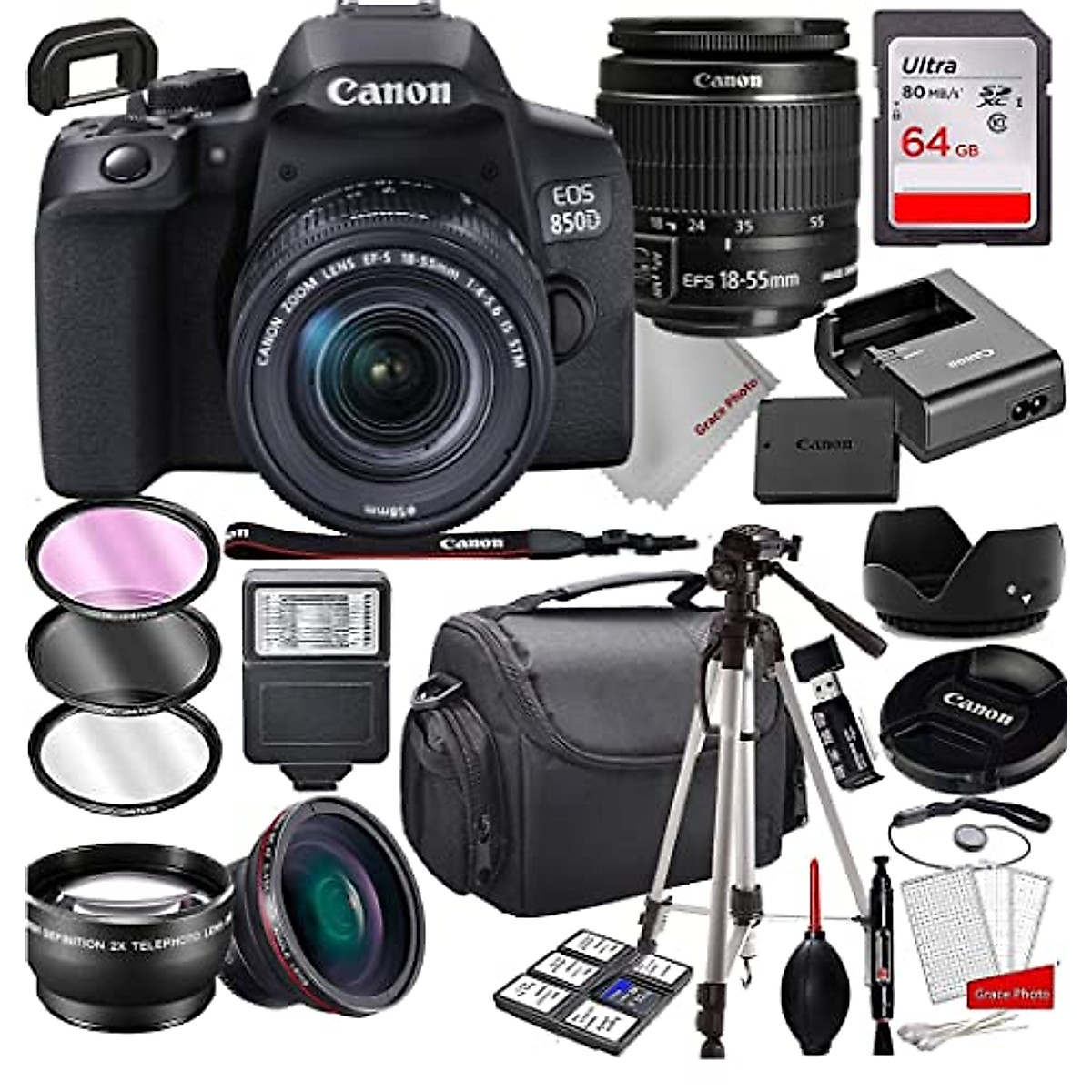 Canon EOS 850D (Rebel T8i) DSLR Camera with 18-55mm is STM Zoom Lens Bundle + 64GB Memory, Case, Tripod and More
