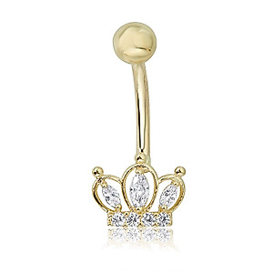 AVORA 10K Yellow Gold Simulated Diamond CZ Tiara Crown Belly Button Ring Body Jewelry (14 Gauge)