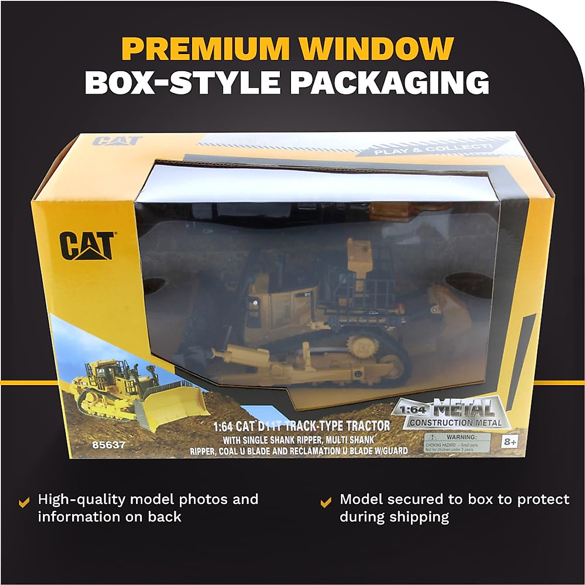 1:64 Scale Caterpillar D11 Dozer with 2 Blades and Rear Rippers - Construction Metal Series by Diecast Masters - Comes with JEL Blade Attachment - Made of Diecast Metal with Plastic Parts