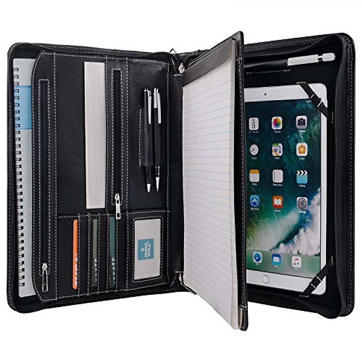 XIAOZHI Black Leather Portfolio with Notepad Space for 10.2-inch / 10.5-inch / 11-inch iPad, Padfolio Case Business Zippered Organizer Document Folder with Letter Size Notepad Holder