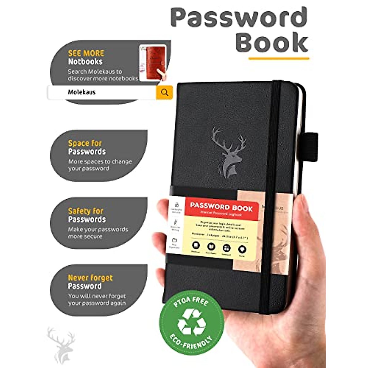 molekaus Password Book with Alphabetical Tabs Small Password Keeper with Extra Password Space to Change Password. Password Notebook for Home or Office for Internet Log In, 6.1*3.7in black small