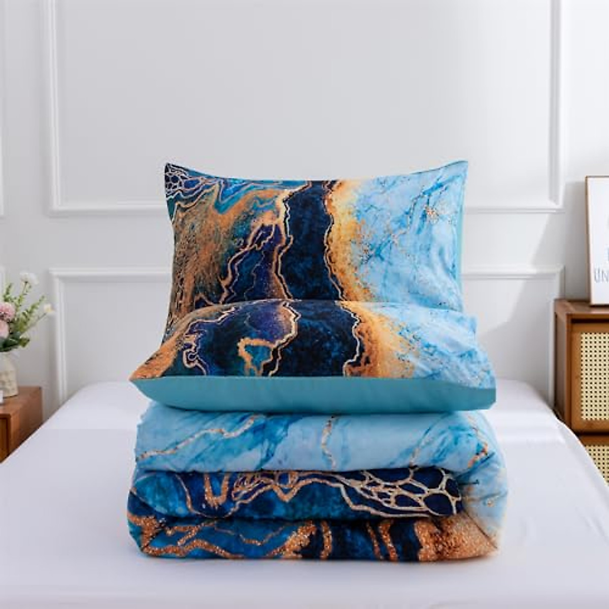 A Nice Night Marble Like Burning Mountain Printed Bedding Set,Retro Style Watercolor Artwork Design,Ultra Soft Comforter Set (Blue, Twin(68-by-88-inches))