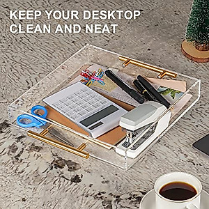 YestBuy Clear Serving Tray with Gold Handles-Spill Proof-Acrylic Tray Organizer for Kitchen,Bathroom,Food- Decorative Tray-10x10