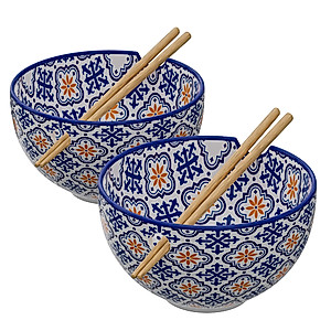 American Atelier Ramen Bowl with Chopsticks | Set of 2 | Soup Bowls for Kitchen | Udon Noodle Bowls with Chopsticks | Stoneware Soup Bowl | 6" Diameter (21 Oz) - Medallion Blue & Orange Design