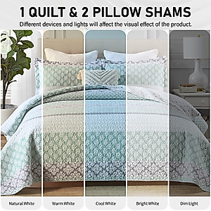 PERHOM Queen Size Quilt Set - 100% Long-Staple Cotton Floral Quilt, Reversible Patchwork Lightweight Comforter Bed Spread for All Season, Green/Gray