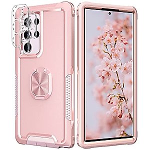 Bizzib for Samsung Galaxy S23 Ultra Case Heavy Duty Full Body Shockproof Kickstand With 360° Ring Holder Support Car Mount Hybrid Bumper Silicone Hard Back Cover with 2 Pack HD Len Protector Rose Gold