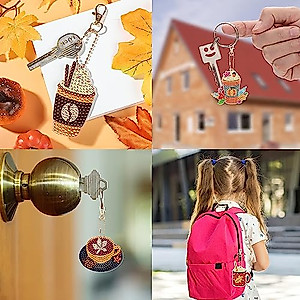 Augisteen 12 Pieces Fall Diamond Painting Keychains Fall Cocoa Diamond Art Key Rings DIY 5D Diamond Ornaments Fall Drinks Coffee Hanging Pendants Double Sided for Autumn Thanksgiving Party Decor