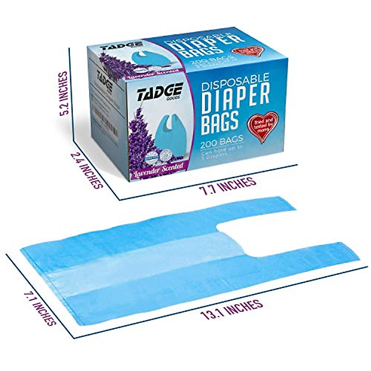 Tadge Goods Baby Disposable Diaper Bags Scented with Lavender - Odor Absorber Biodegradable Plastic Diaper Sacks for Trash Bag Essential Items - Bags for Dirty Diapers - Refill 200 Count (Blue)