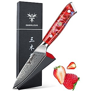 SANMUZUO 3.5 Inch Paring Knife - Kitchen Fruit Vegetable Knife Damascus Steel & Resin Handle - Xuan Series (Sunset Red)