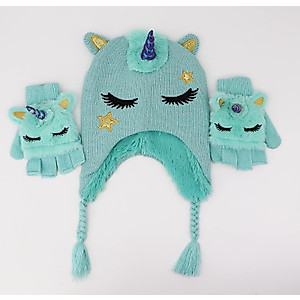 Kids Girls Cute Glitter Unicorn Beanie Winter Hat and Glove Set Knitted Earflap Cap Flip Top Mitten Set Blue