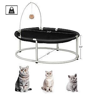 Hzuaneri Oval Raised Cat Bed, Elevated Pet Hammock, for Kitty Cat Small Dog with Pompom, Detachable and Washable, Easy Assembly Cat Cot Excellent Breathability, for Indoors & Outdoors, Black PB06701X
