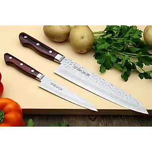 Yoshihiro VG10 16 Layer Hammered Damascus Stainless Steel Gyuto 8.25'' (210mm) Japanese Chefs Knife & Petty Utility Knife 5.3'' (135mm) SET