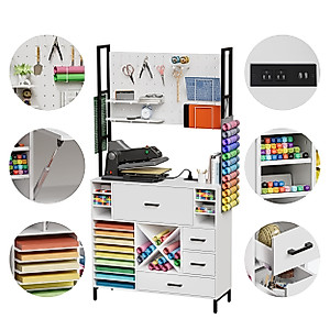PAKASEPT Craft Organizers and Storage Cabinet Compatible with Cricut Machines, Cricut Accessories Craft Table with Power Outlet, Pegboard, Vinyl Holders for Craft Room Home Furniture