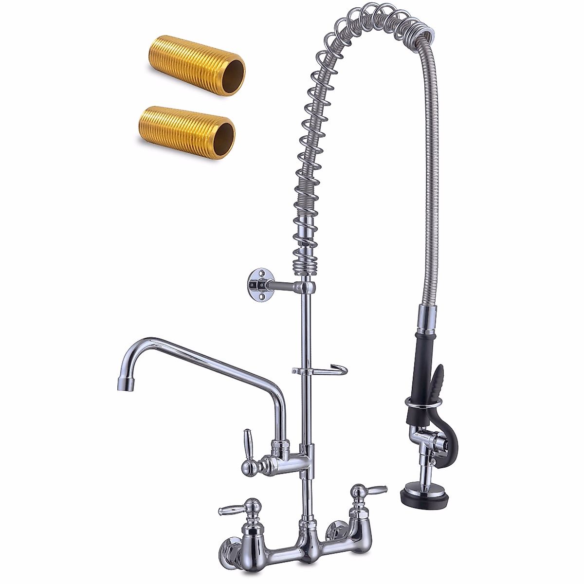HYAHDEN Commercial Faucet with Pre Rinse Sprayer, 8 Inch Wall Mount Faucet for 3 Compartment Sink, Commercial Faucet Restaurant Kitchen Faucet with 12” Spout, 35" Height, Industrial, Chrome, Brass